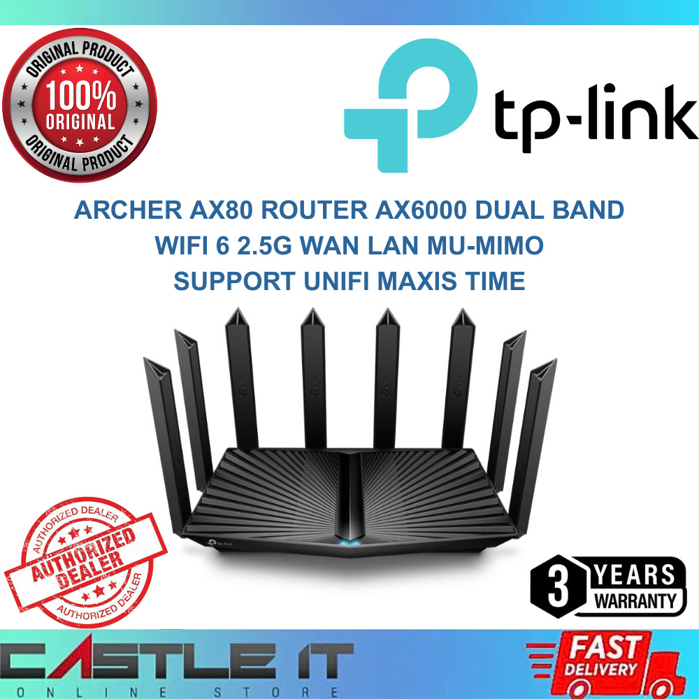 TP-Link Archer AX80 Router AX6000 Dual Band WiFi 6 2.5G WAN LAN MU-MIMO Support UniFi Maxis Time ...
