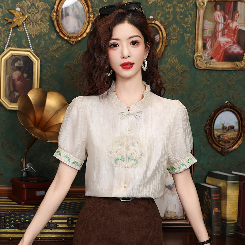 Real Shot 2025 Summer New Shirt Sweet Lady Fungus Collar Art Painting ...