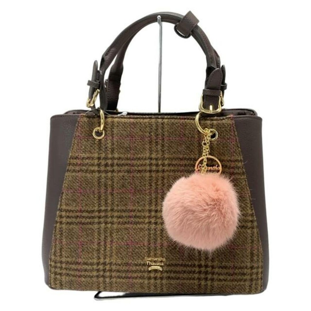 Samantha Thavasa Tote Bag Purse wool dark pink Brown Staggered plaid ...