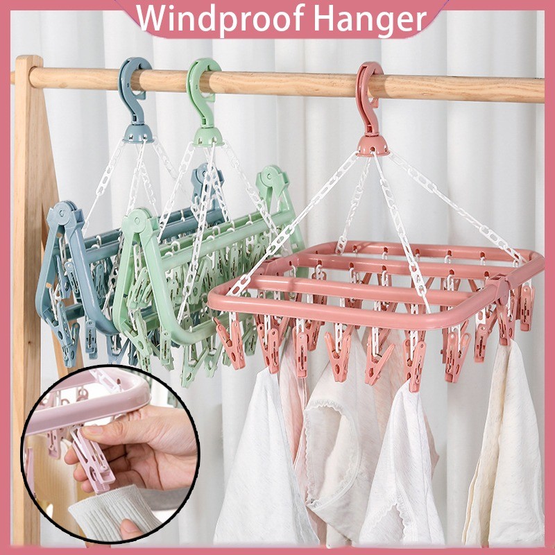 32 Clips Hanger Windproof Foldable Clothes Multi-Purpose Pakaian Drying ...