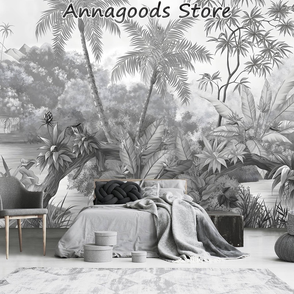 Black and White Tropical Rain Forest Plants Leaves Murals Wallpapers ...