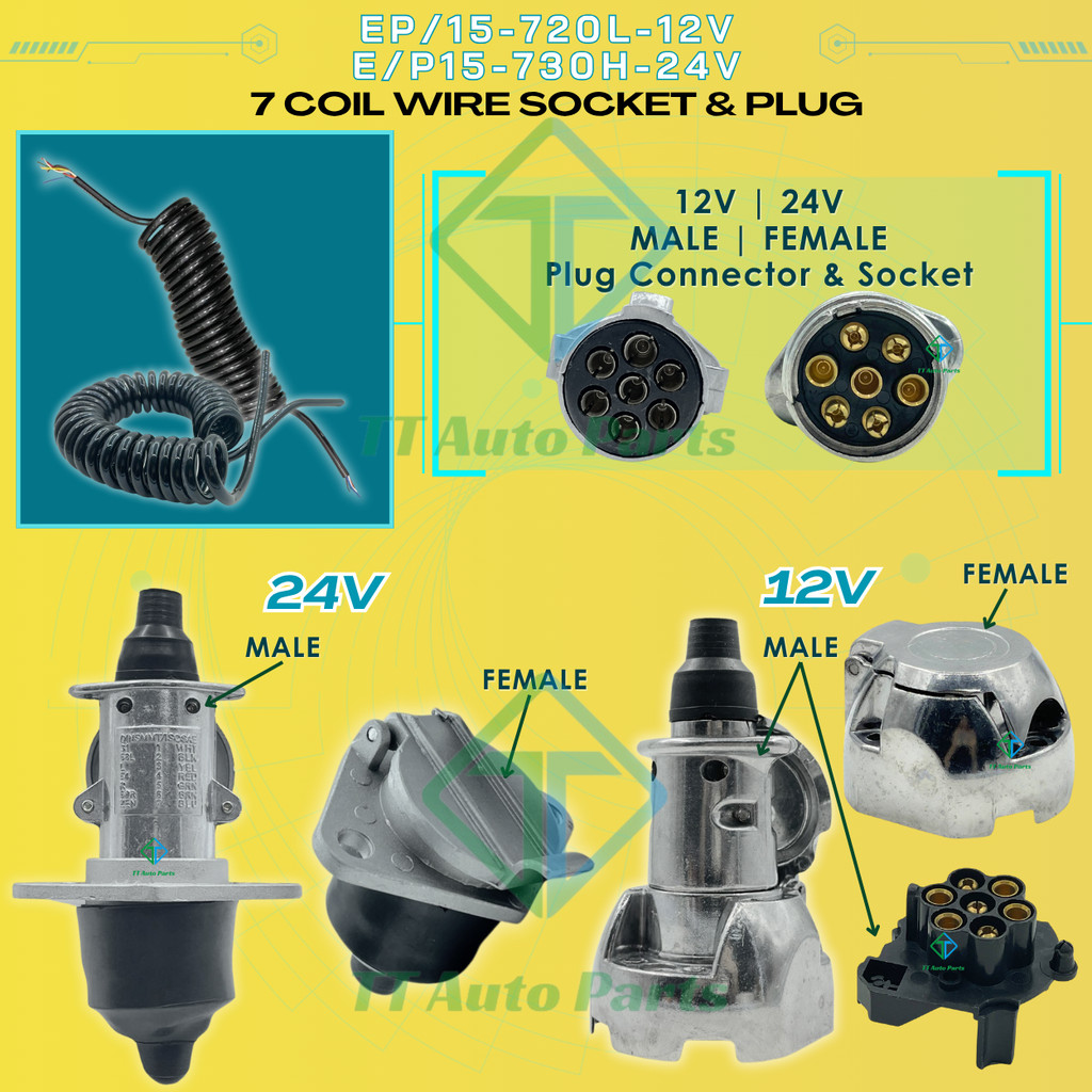 7 Coil Wire Socket + Plug (12V/24V) Male & Female 7 Pin 7 Wayar Core ...