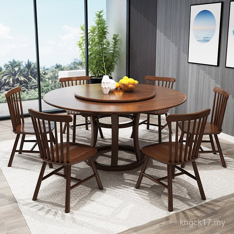 Meja Makan Kayu Pepejal Nordic Meja Bulat 1.8m dengan Meja Putar Gaya ...