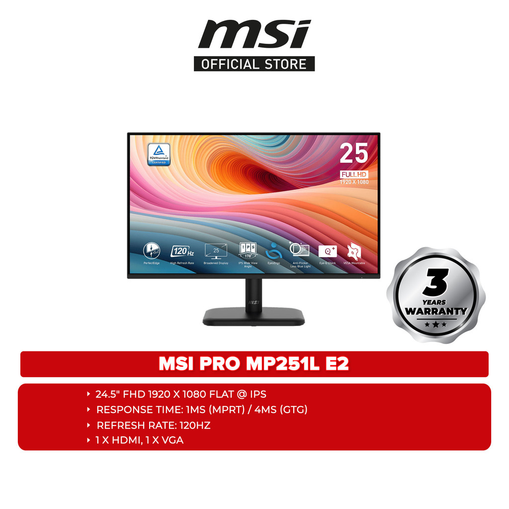 MSI PRO MP251L E2 24.5" FHD 120Hz Flat Monitor ( HDMI, VGA, 3Yrs ...