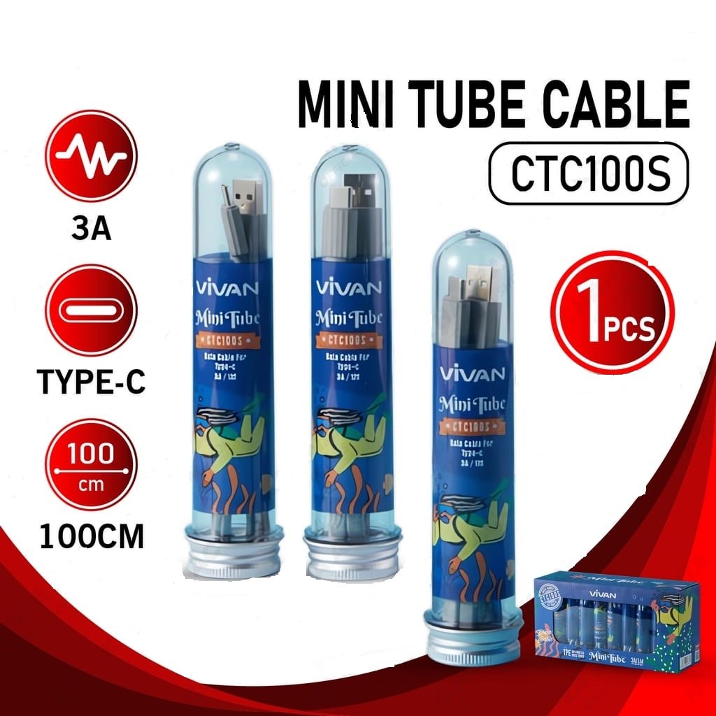 MINI TUBE VIVAN CTC100S USB-A to Type C Data Cable 3 Ampere Cable 1M ...