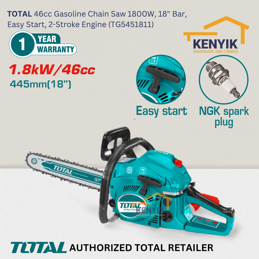 TOTAL 46cc Gasoline Chain Saw 1800W, 18" Bar, Easy Start, 2-Stroke Engine (TG5451811) | Shopee ...