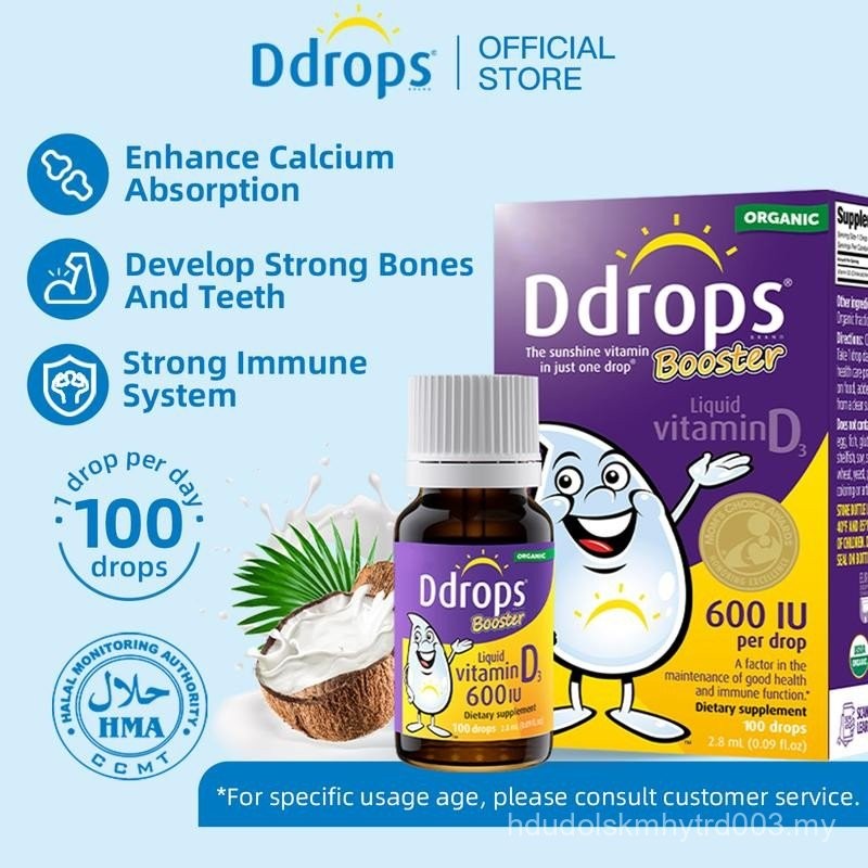 Ddrops Kanak-Kanak Booster Vitamin D3 600 IU 100 Titisan Cecair Harian Untuk 1-18 tahun ...
