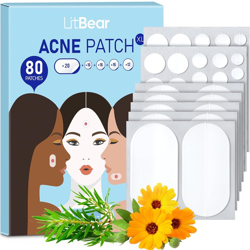LitBear Large Acne Pimple Patches, 5 Sizes 80 Patches for Large ...