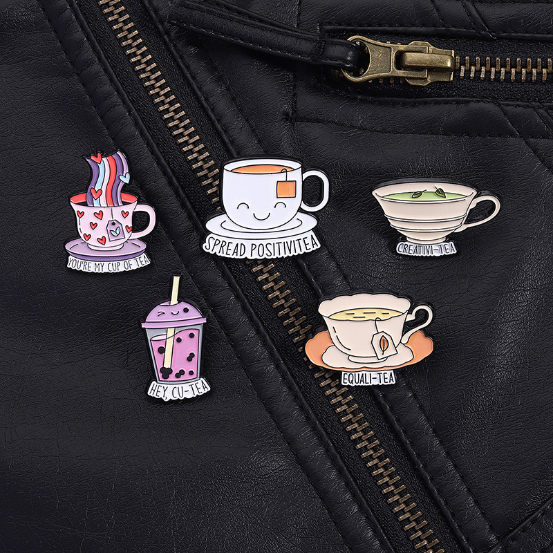 Teacup Funny Harmony Fun Drink Juice Pearl Milk tea Brooch Metal Badge ...