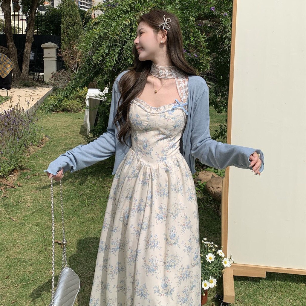 Sweet Suspender Long Dress + Cardigan Set || French Retro Floral Dress ...