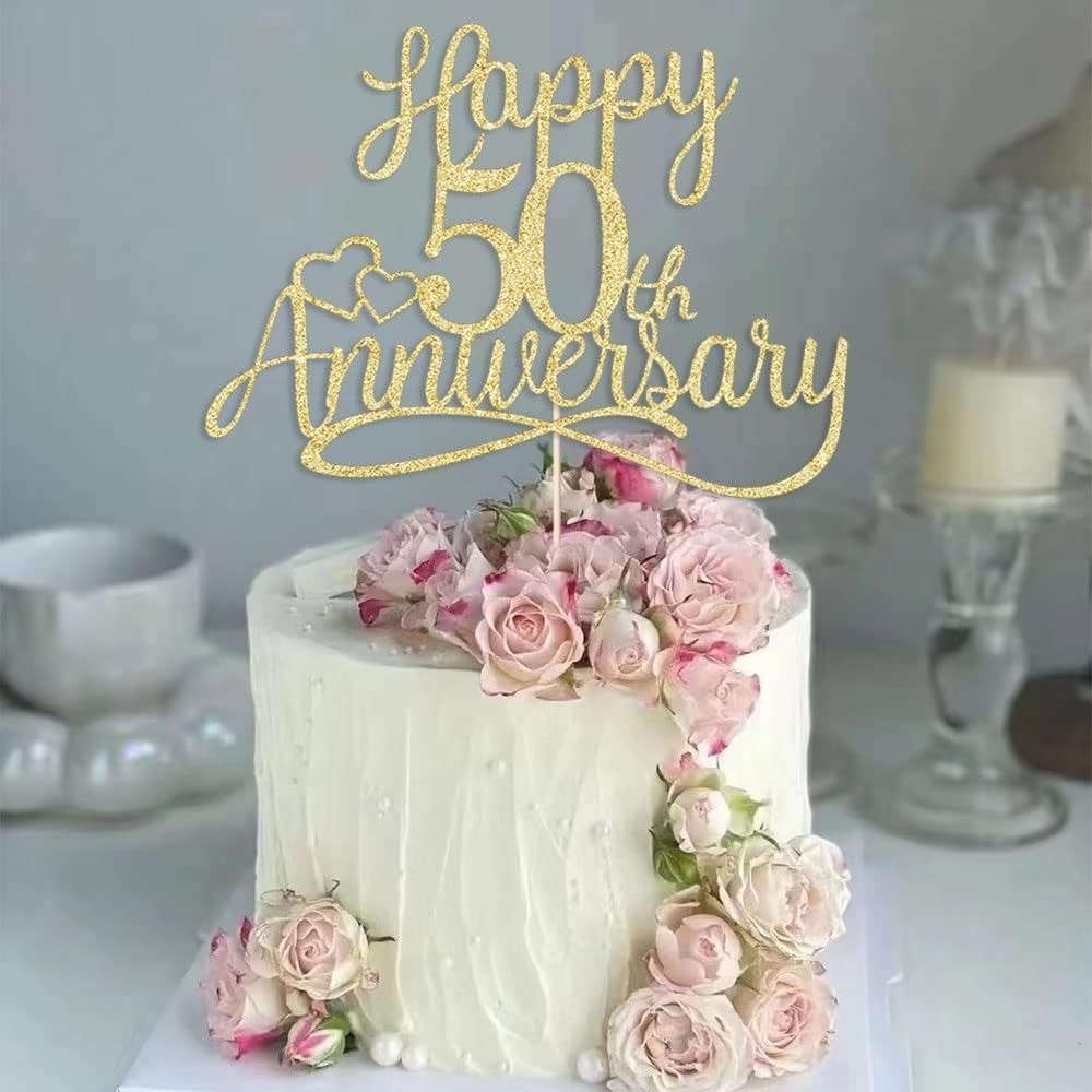 Golden Glitter Paper Happy 50th Anniversary Cake Toppers Wedding ...