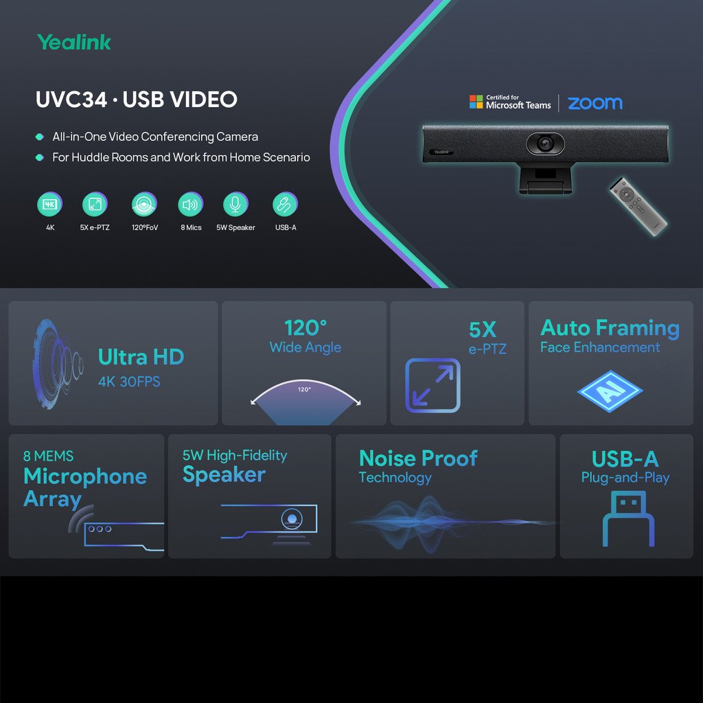 ORIGINAL Yealink UVC34 All-in-one USB Video Bar 4K UHD Video Conference ...