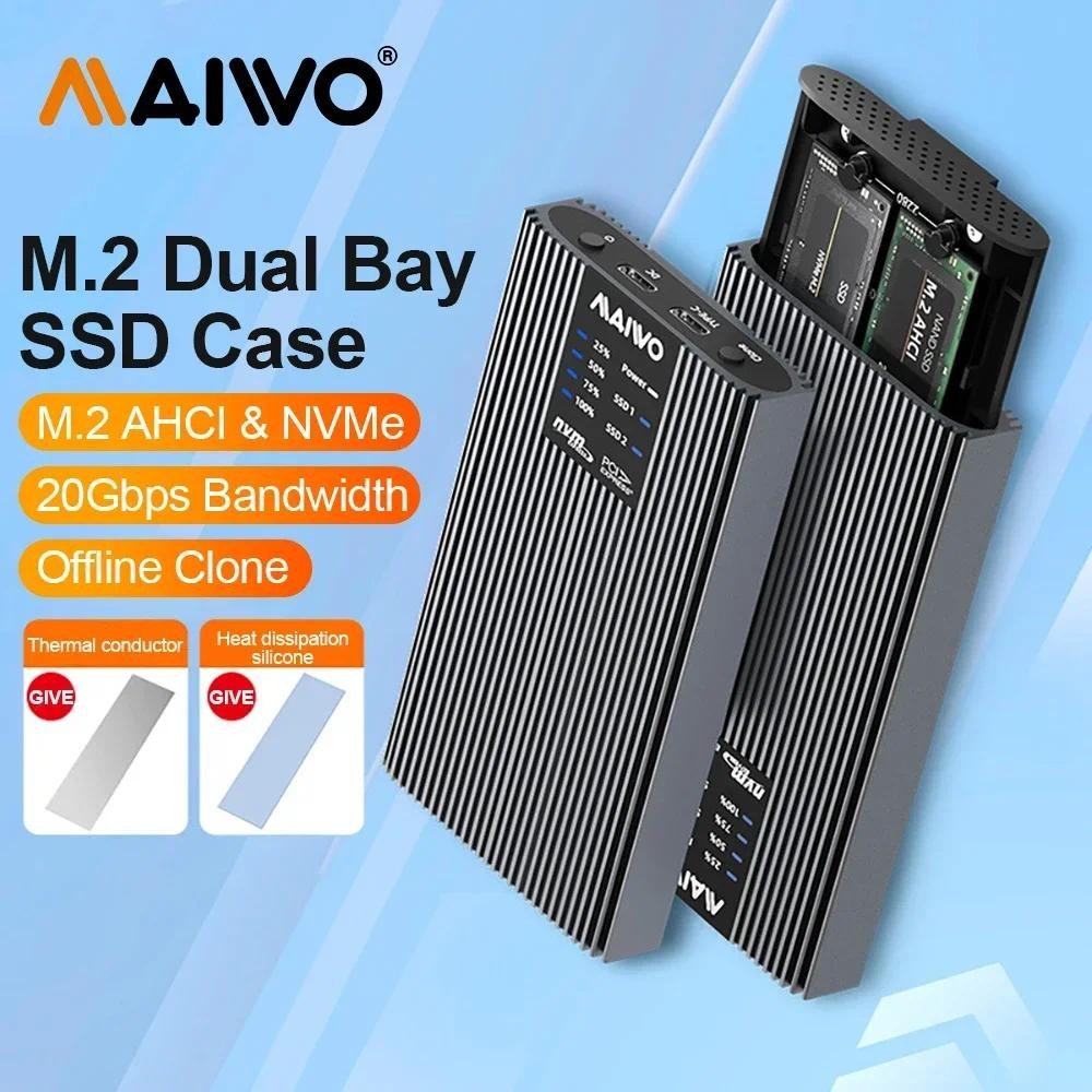 MAIWO M.2 Duplicator Dual Bay Clone Enclosure 20Gbps USB C 3.2 Gen2 USB ...