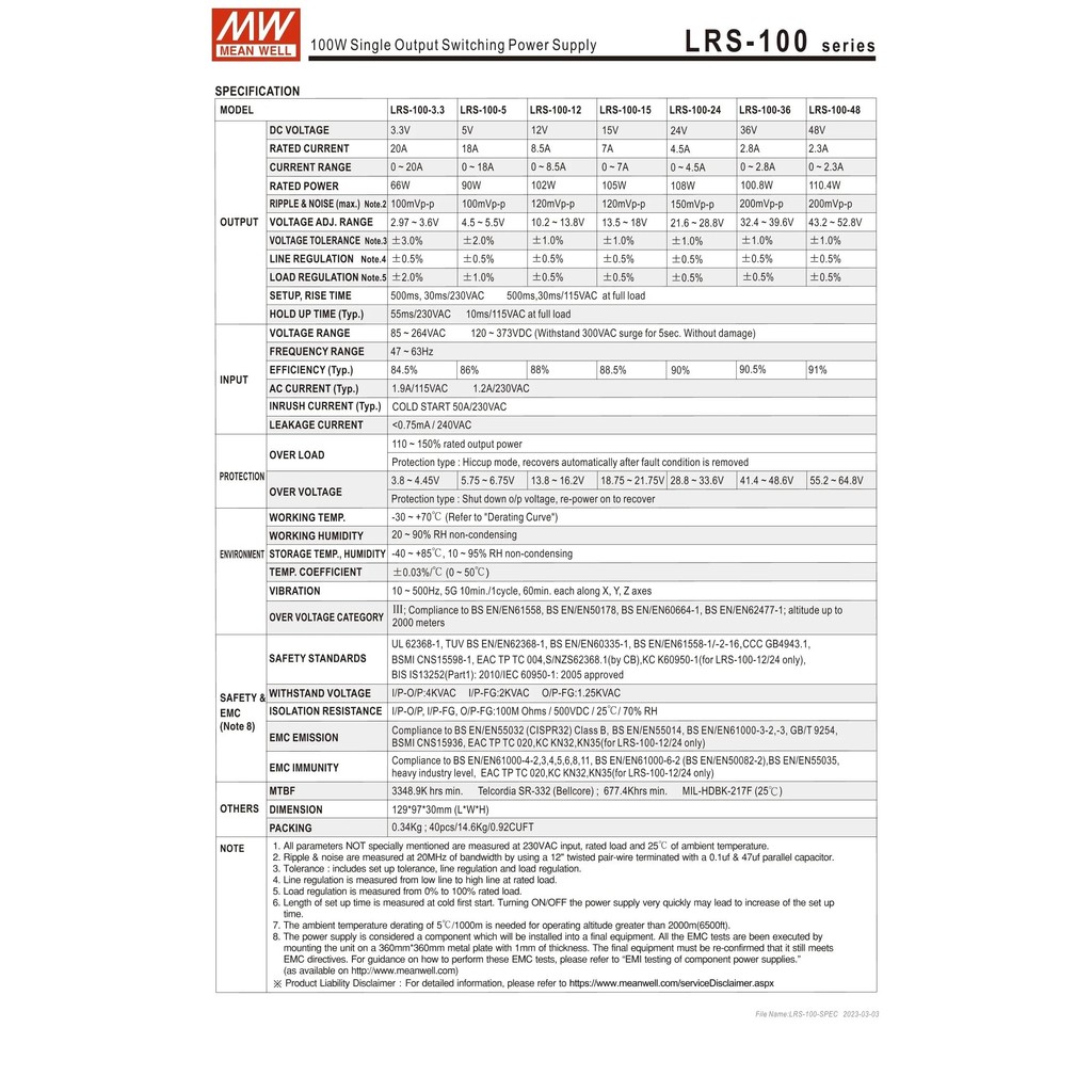 MEAN WELL LRS-100 LRS-100-5 LRS-100-12 LRS-100-15 LRS-100-24 LRS-100-36 ...