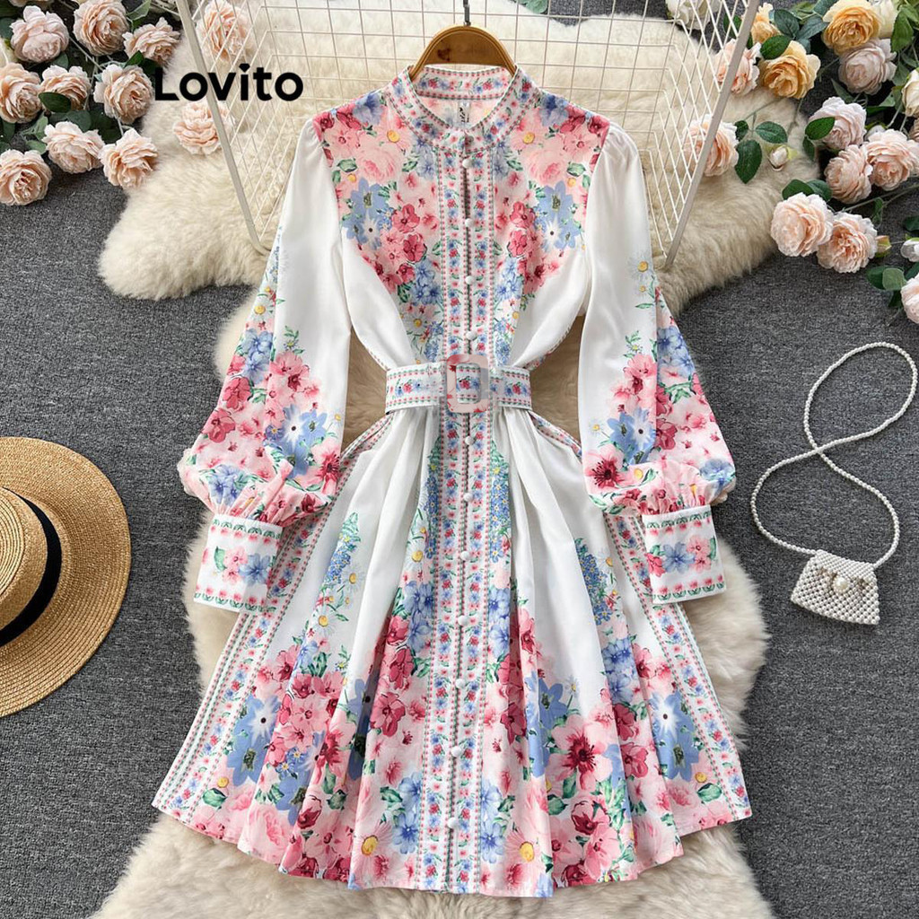 Lovito Elegant Floral autumn Belted Pattern Button Dress for Women ...