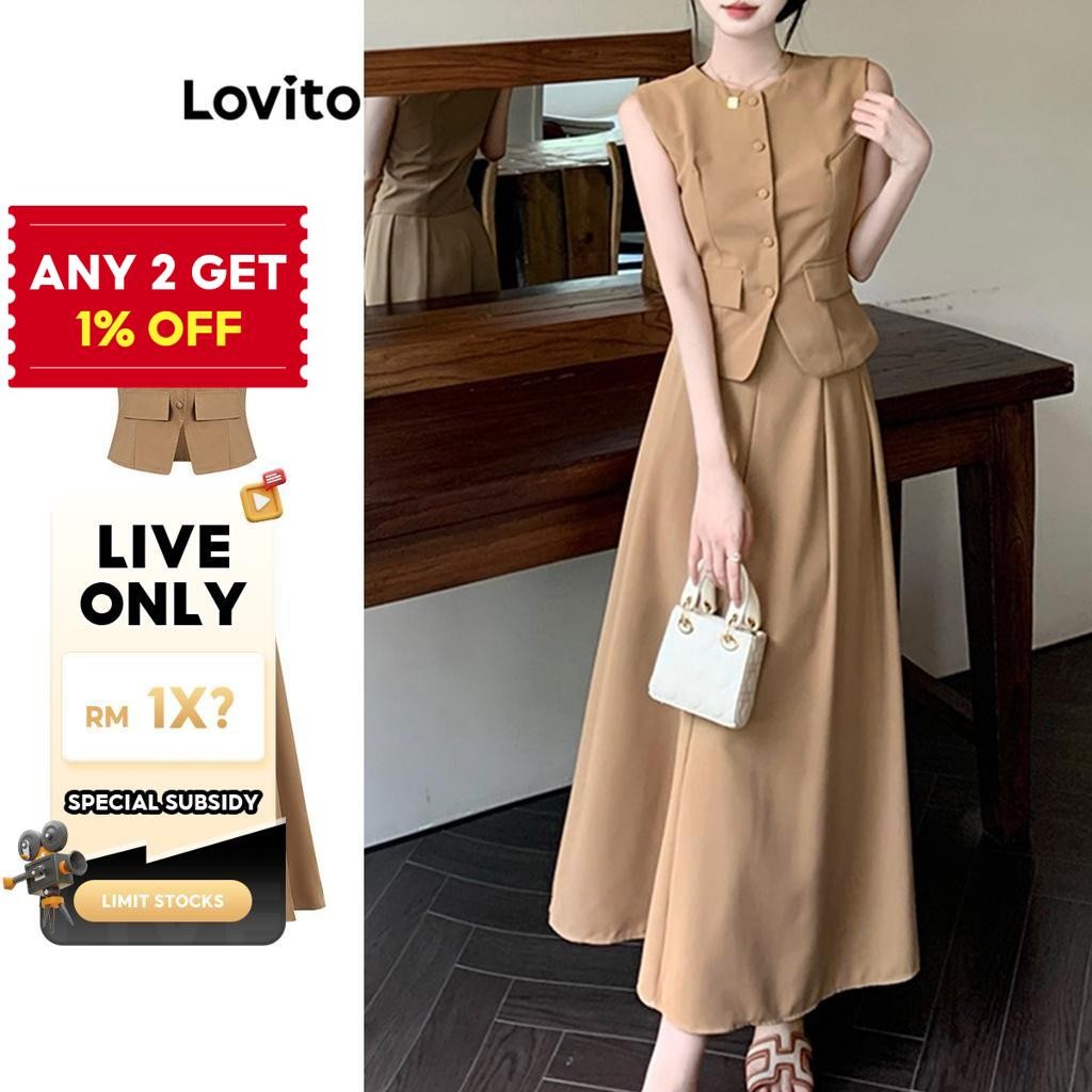 (LIVE STREAM SALE)Lovito Casual Plain Button Pleated Skirt Sets for ...