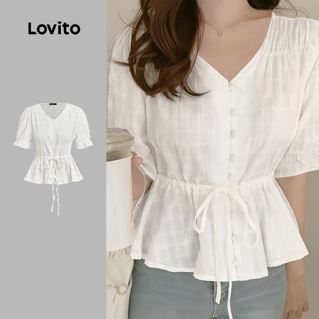 Lovito Elegant Blouse Lace Up Button Spring/Summer White Blouse for ...