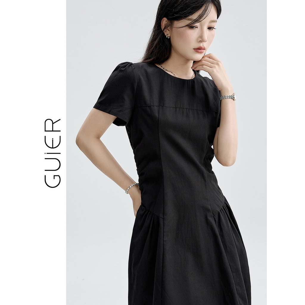 GUIER Round Neck Narrow Waist Short Sleeve Flower Bud Dress Women | Shopee Malaysia