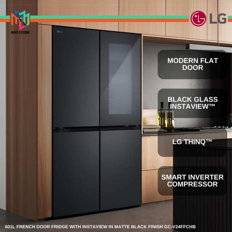 LG GC-V24FFCHB 601L French Door Fridge with InstaView in Matte Black Finish Smart Inverter ...