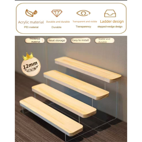 Acrylic Tiered Display Stand with Solid Wood Panel Acrylic display stands Stepped shelves Multi ...