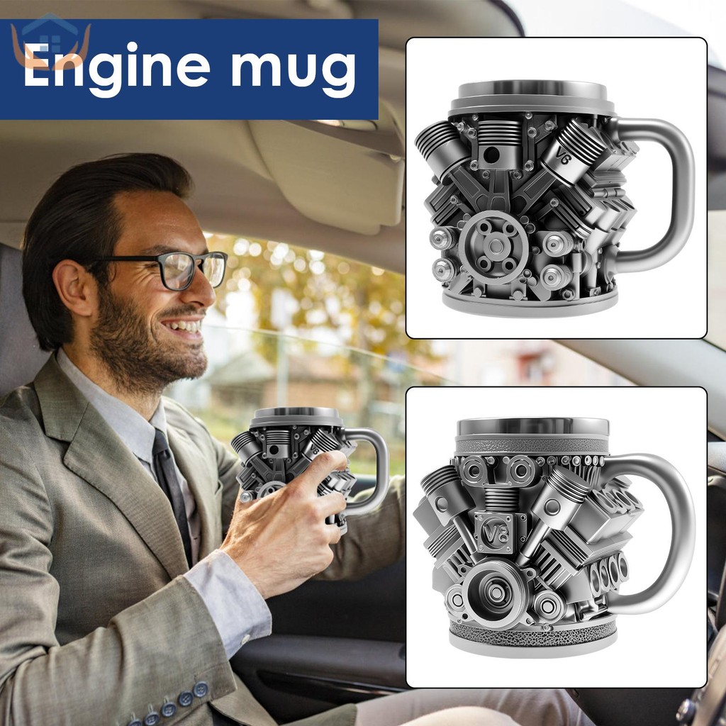 Engine Coffee Mug 350ml Stainless Steel V6/V8 Engine Coffee Cup with Handle for Car Lovers ...