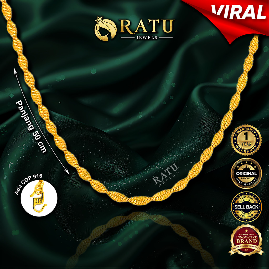 Rantai Leher (2.86g) Emas RATU Water Wave 50cm Daily Wear Plated ...