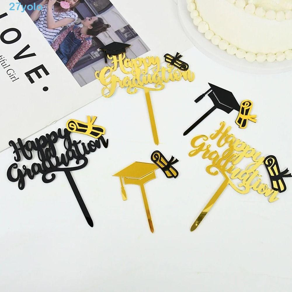 YOLO Happy Graduation Cap Cake Toppers, Black Gold Acrylic Congrats ...