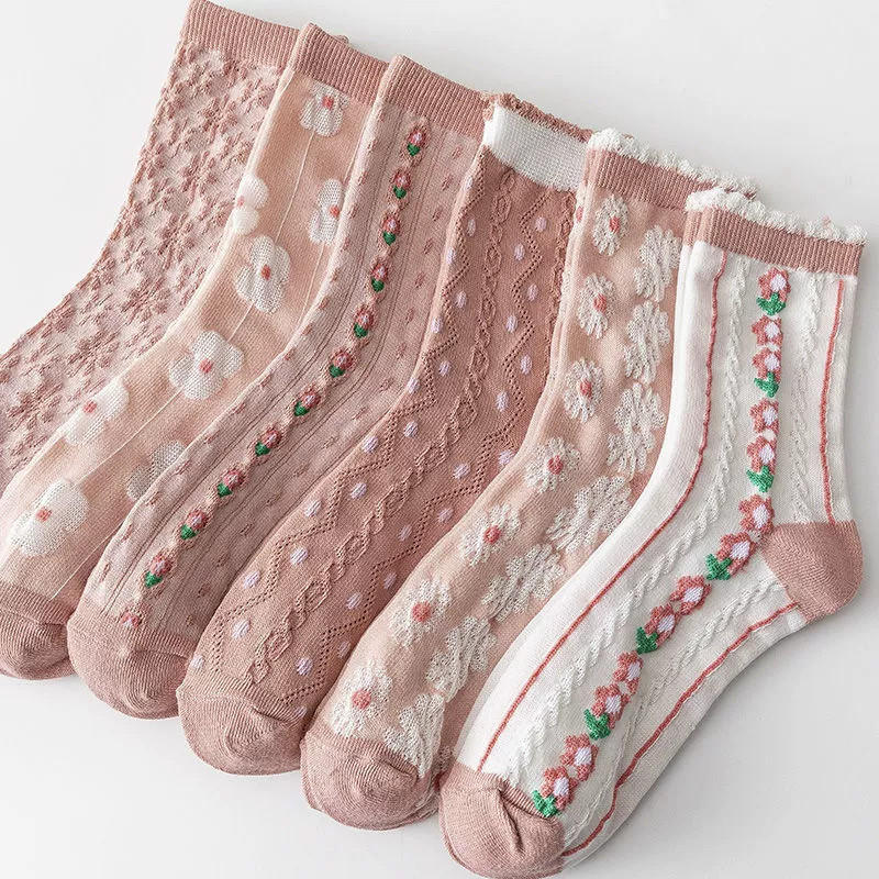 Cute Pink Flower Sock Long Socks Middle Tube Sock Women's Fashion Sock ...