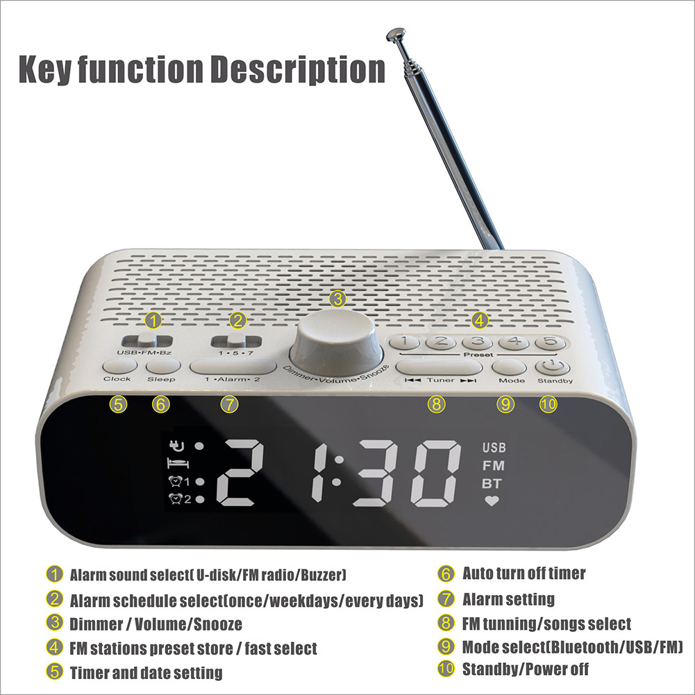 Digital Alarm Clock Radio LED Display FM Radio Rechargeable Clock Radio ...