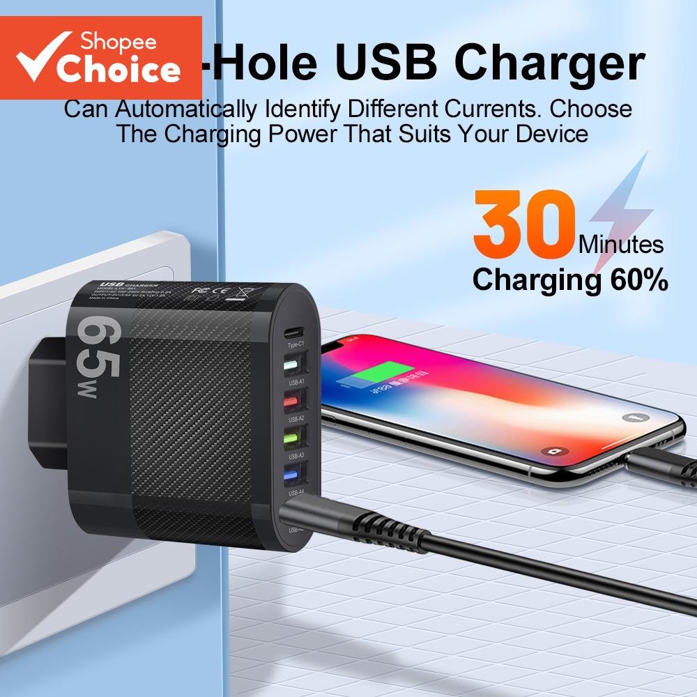 65W 5USB+Type-c Cell Phone Charger Multi-Port Charging Head For Mobile ...