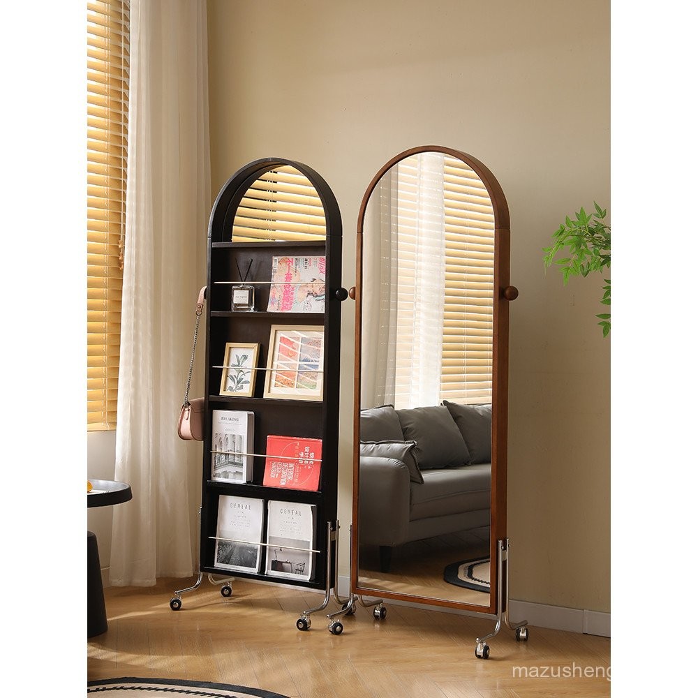 Solid Wood Dressing Mirror Magazine Rack Movable Integrated Household ...