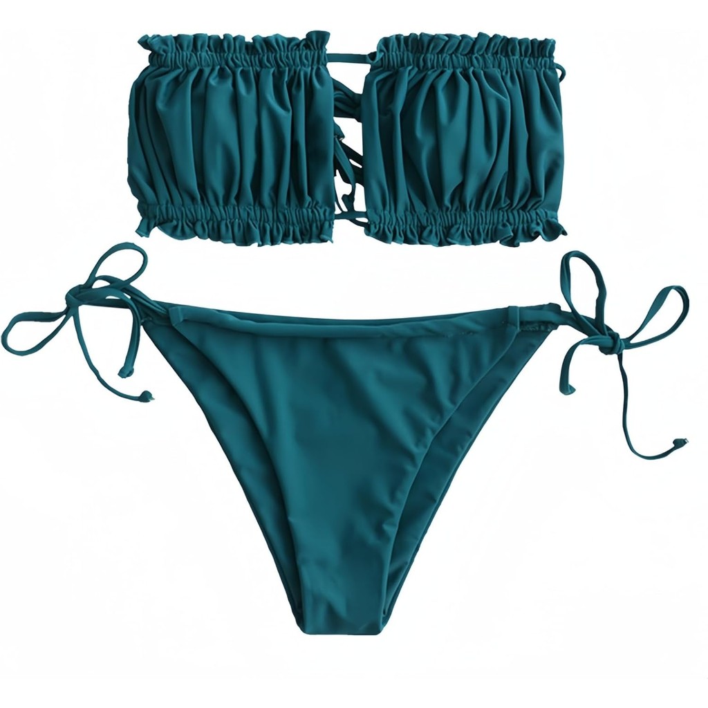 ZAFUL Women 2 Piece Strapless Bikini Swimsuits Ruffle Ribbed Self Tie ...