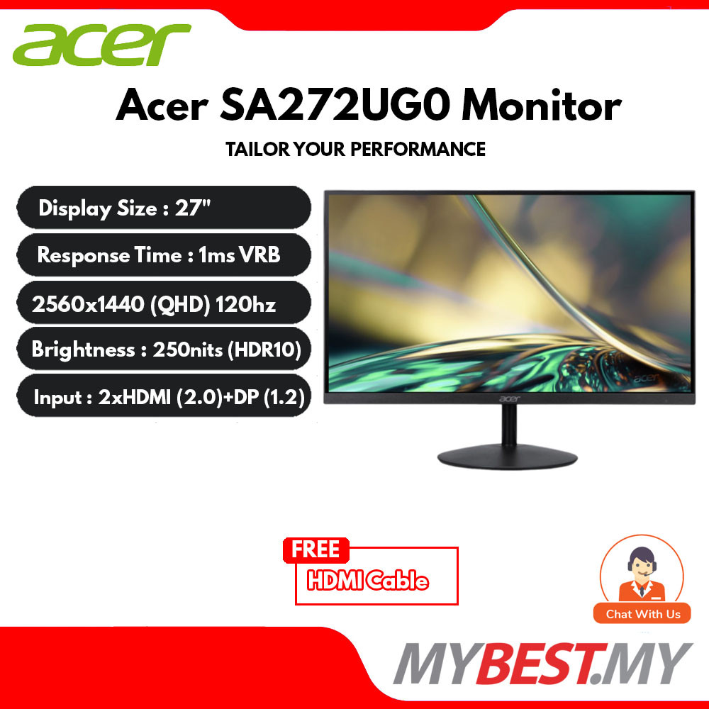 Acer SA272U G0 27" WQHD (2560 x 1440) 1ms 120Hz IPS Zero Frame Slim ...