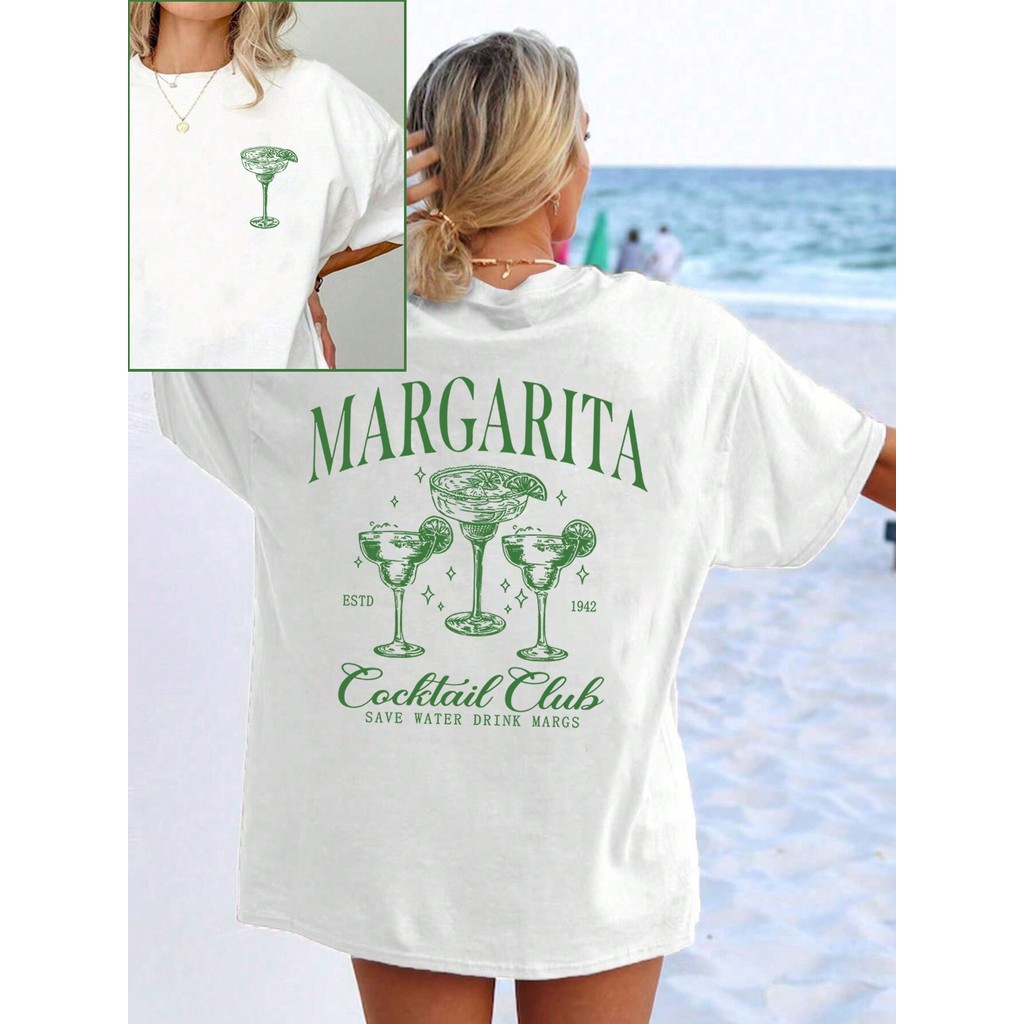 COD SHEIN Unity Women's Summer Loose T-Shirt, Martini Cocktail Printed ...