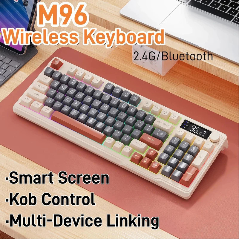 M96 Wireless Bluetooth Dual Mode Mechanical Feel Keyboard PBT Ball Cap with Display Knob Gaming ...