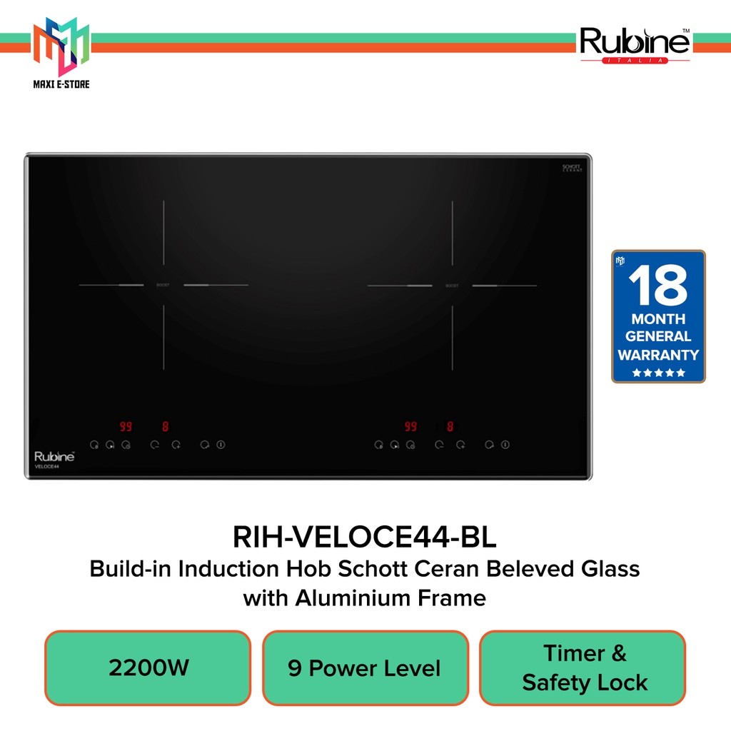 Rubine RIH-VELOCE44-BL Build-in Ceramic Induction Hob 2200W, 9 Power ...