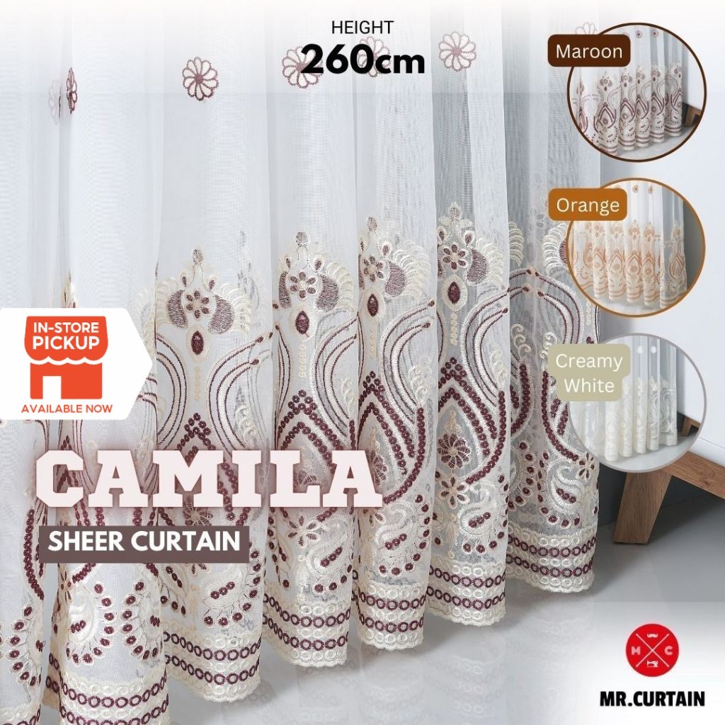 MR.CURTAIN Camila Sheer Langsir Lace Bersulam Bunga Siap Jahit Cangkuk ...