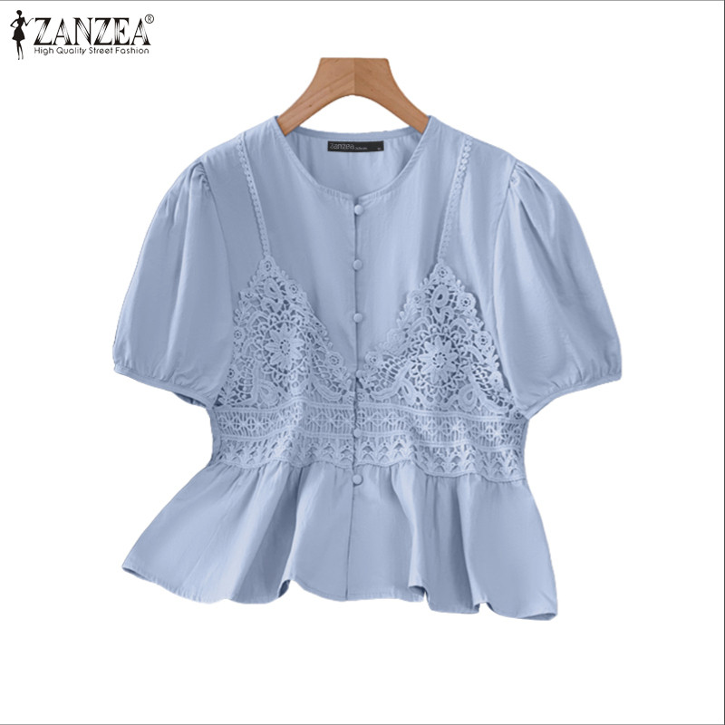 ZANZEA Women Korean Chic False Two-Piece Hollow Lace Crochet Puff ...