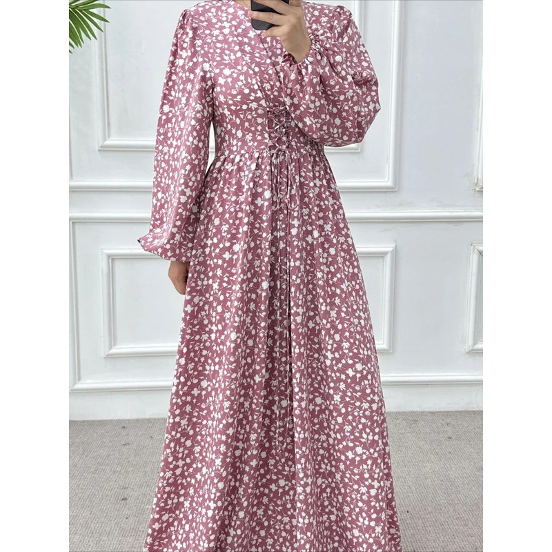 Eid Women Dress Muslim Abaya Print Flroal Bandage Vestidos Largos Party ...