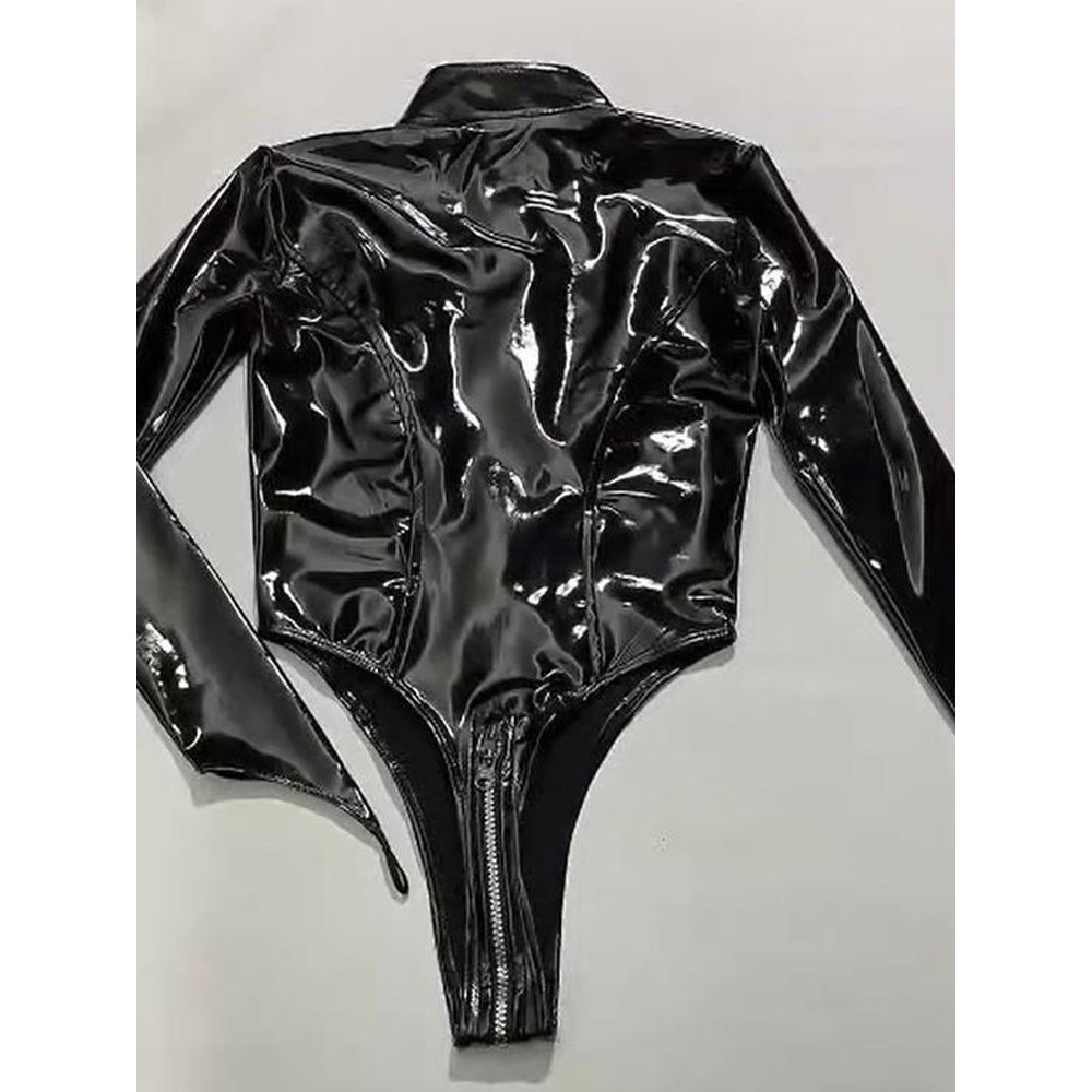Shiny Faux PU Leather Zipper Open Crotch Bodysuit Wet Look PVC Catsuit ...