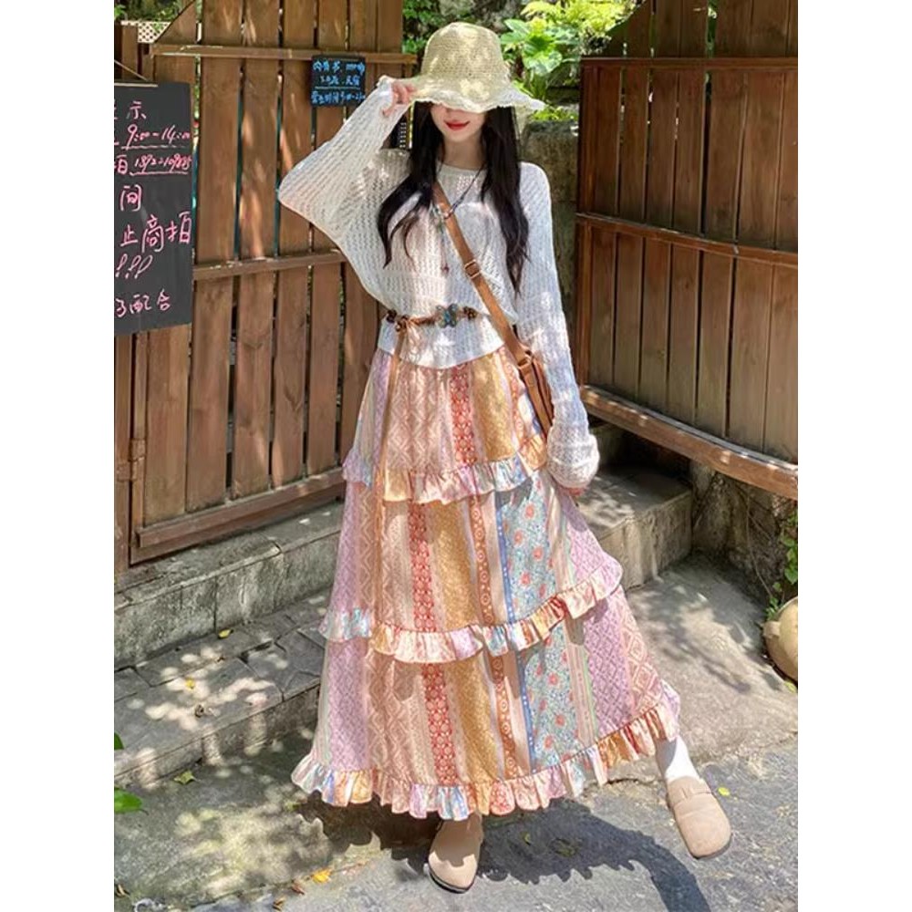 Niche retro spliced ruffled skirt for women 2024 summer vacation travel ...