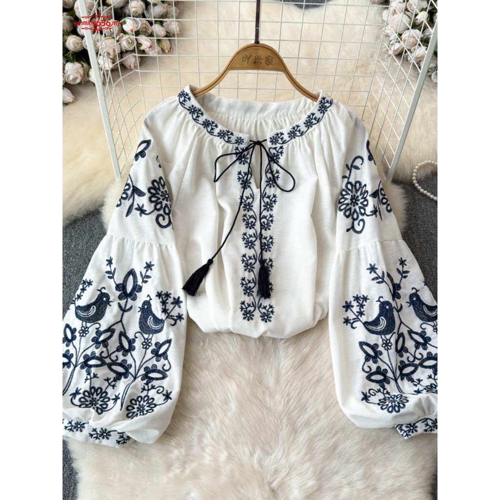 Birds Floral Embroidery Bohemian Korean Fashion Style Vintage Top Shirt ...