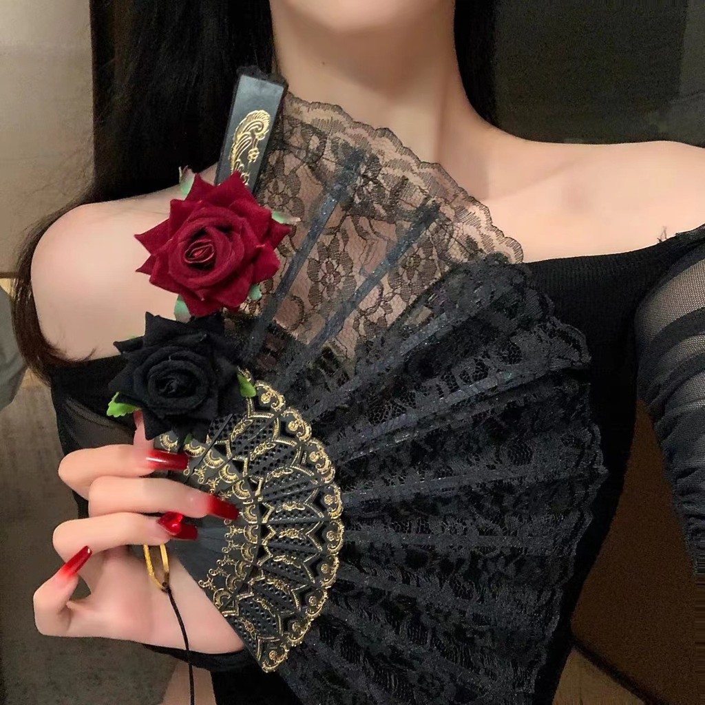 Female Lace Hand Fan Lolita Gothic Fan Victorian Vintage Black White ...