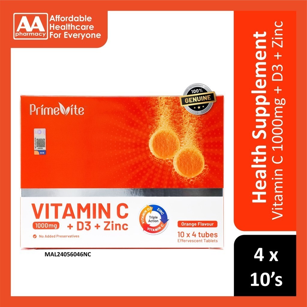 PrimeVite Vitamin C 1000mg + Vitamin D3 + Zinc Effervescent Tablet 4x10's | Shopee Malaysia