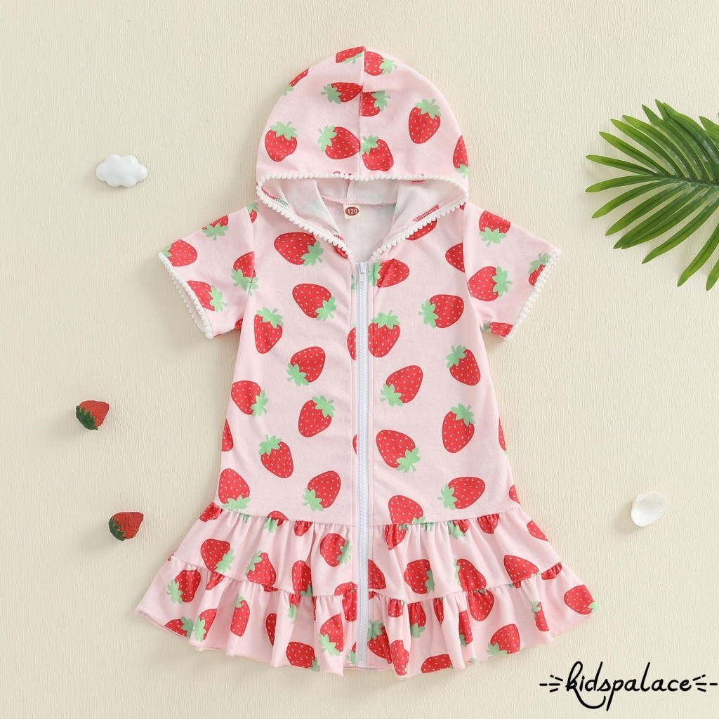 BbQ-Little Girl Swimsuit Cover Up Strawberry Print Short Sleeve Zip-up ...