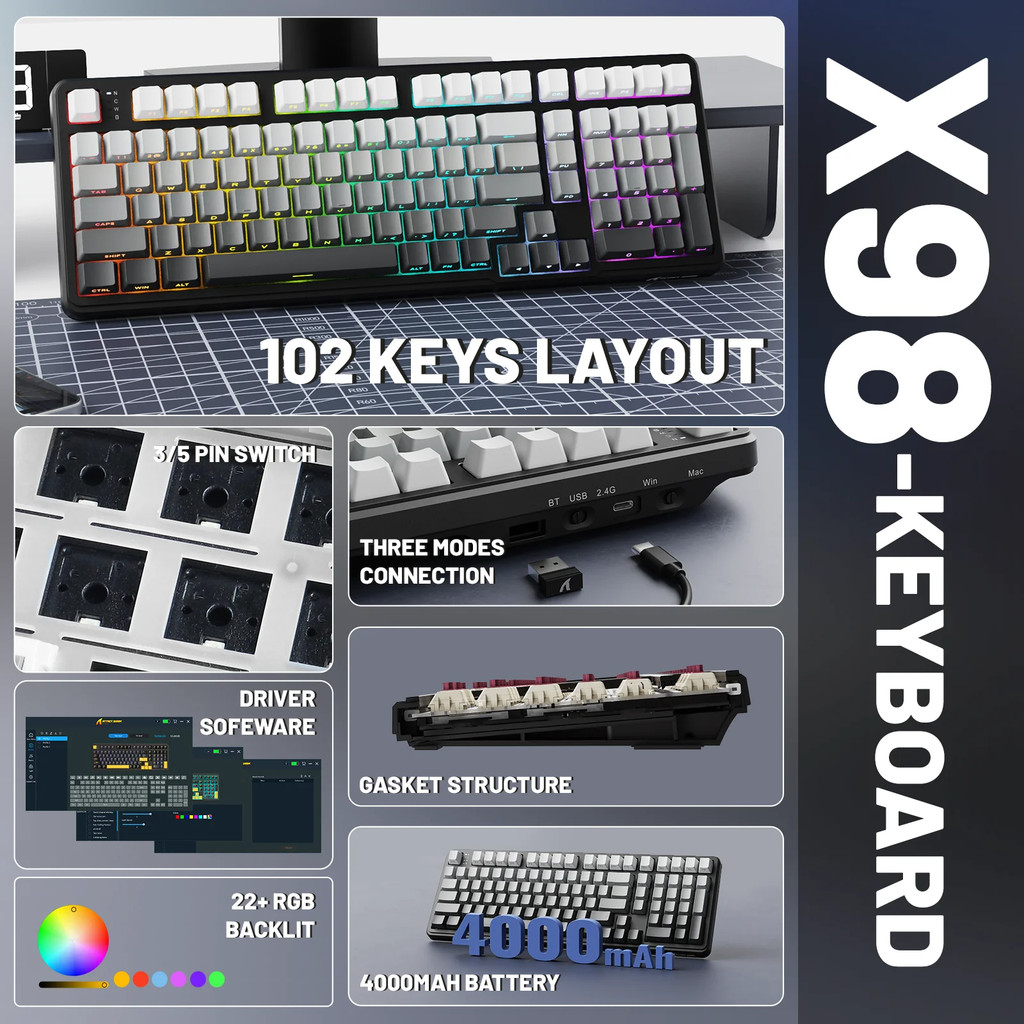 ATTACK SHARK X98 Full-size Wireless RGB Mechanical Keyboard Gasket Bluetooth/2.4G/Wired Hot ...
