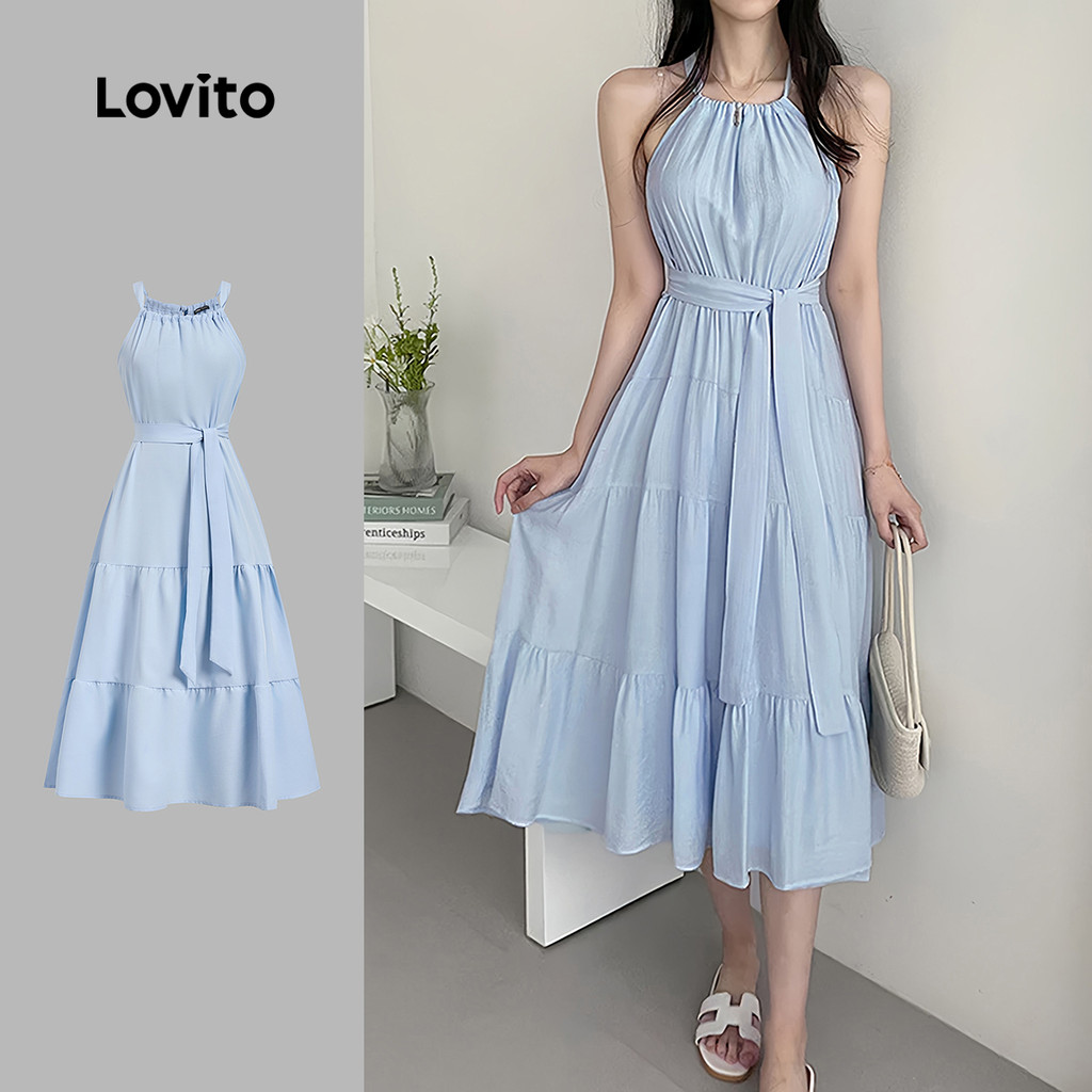 Lovito Elegant Plain Tie Front Tiered Layer Spring/Summer Light Blue ...