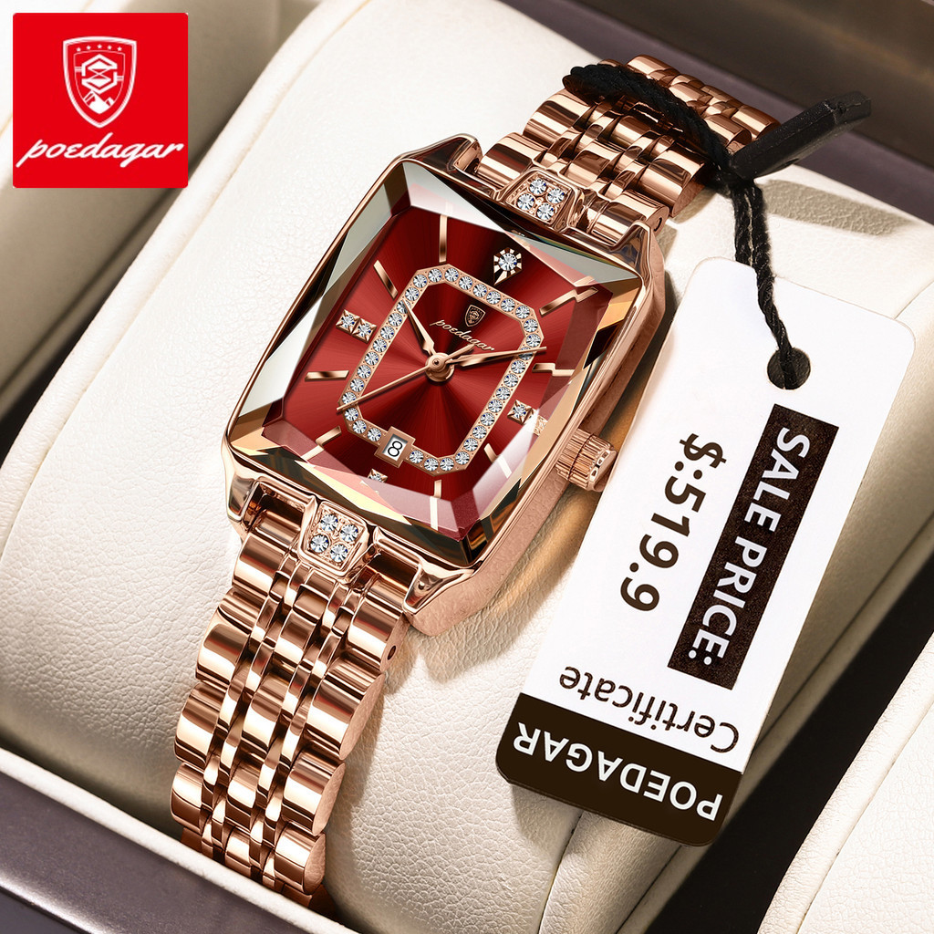 POEDAGAR watch, luxurious rectangular waterproof stainless steel quartz ...