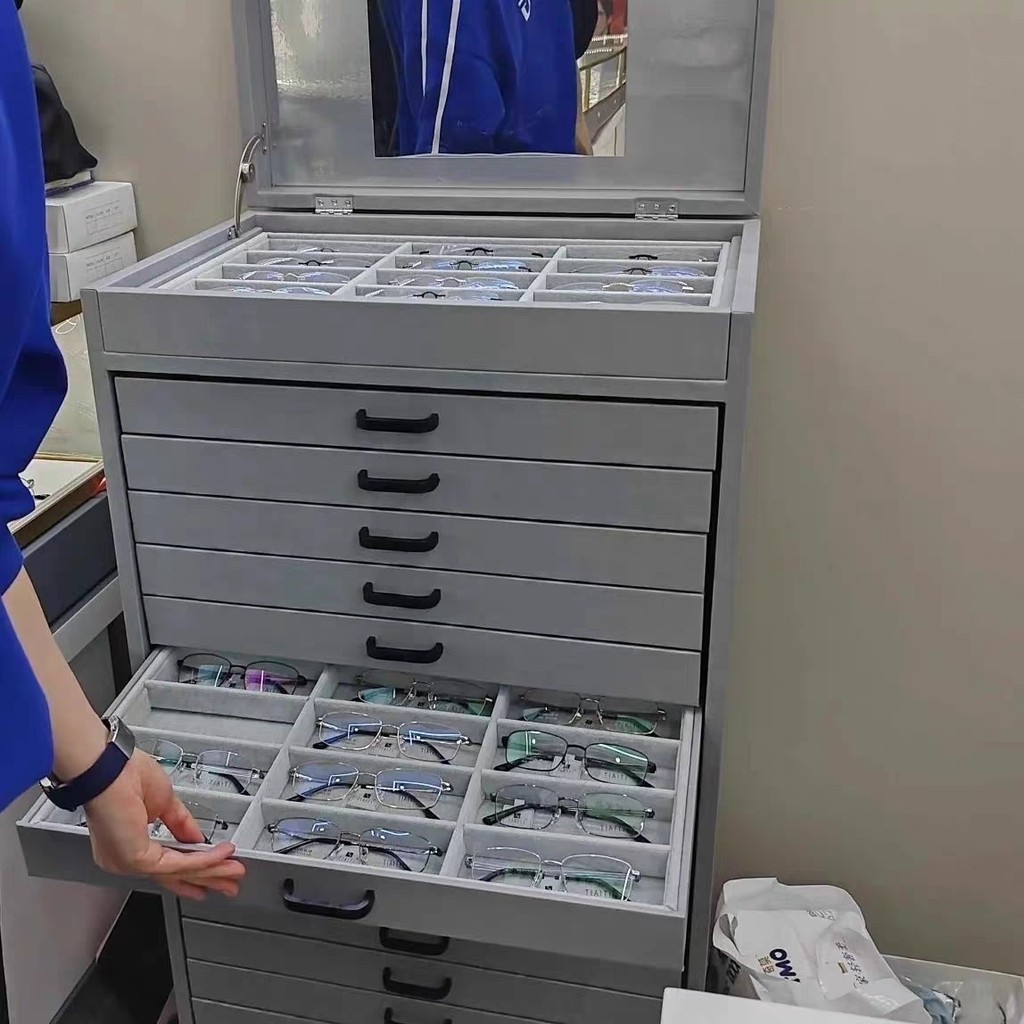 Glass Shop Gray Leather Glasses Display Cabinet Multi-Layer Drawer ...