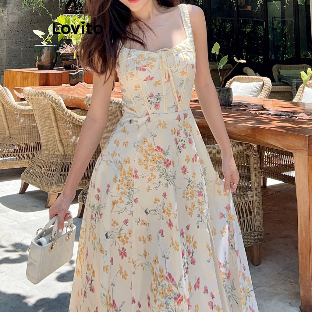 (Trendy) Lovito Elegant Dress Ditsy Floral Structure Line Lace Up Split ...